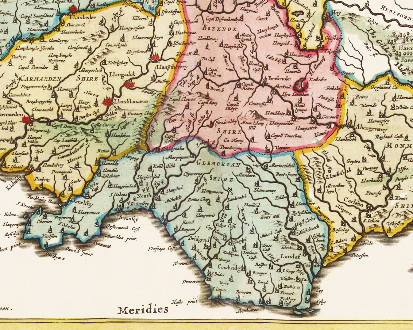 Stunning Old WALES Map by Joan Blaeu 1645 - Cardiff Swansea Neath ...