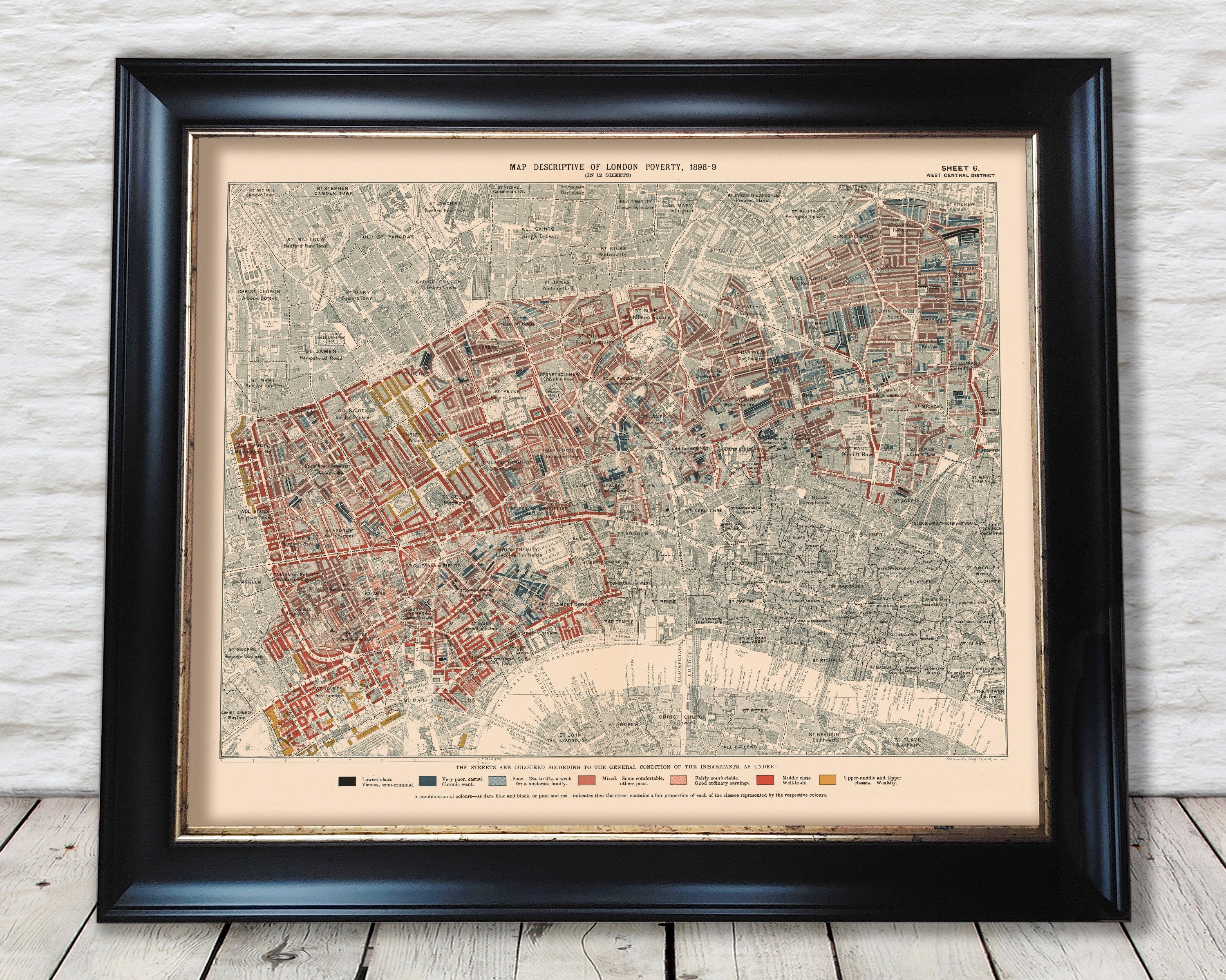 LONDON poverty Map Westminster, City, Islington 1898-9 Charles Booth ...