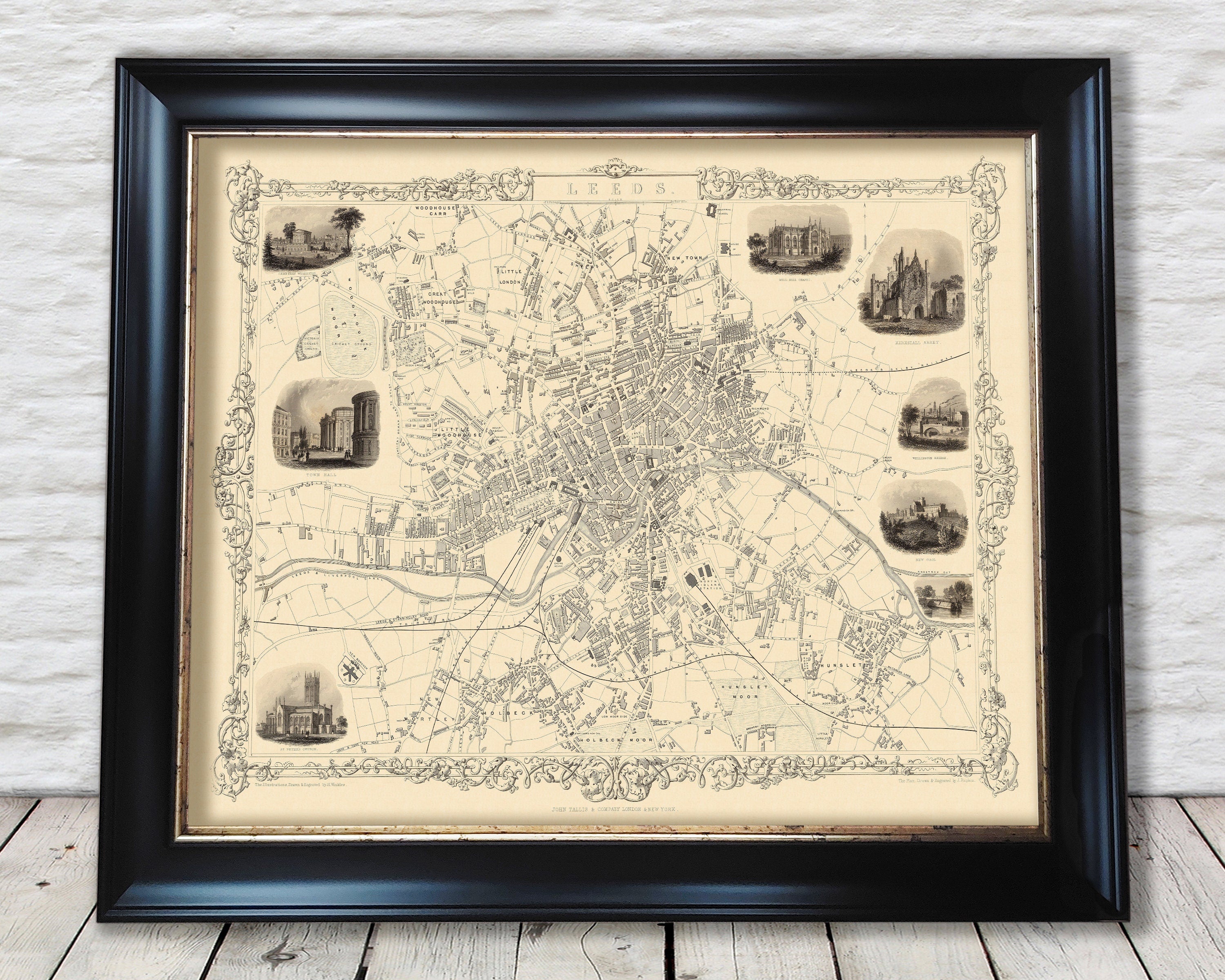 Vintage LEEDS map c. 1851 by Rapkin and Tallis, fine reproduction ...
