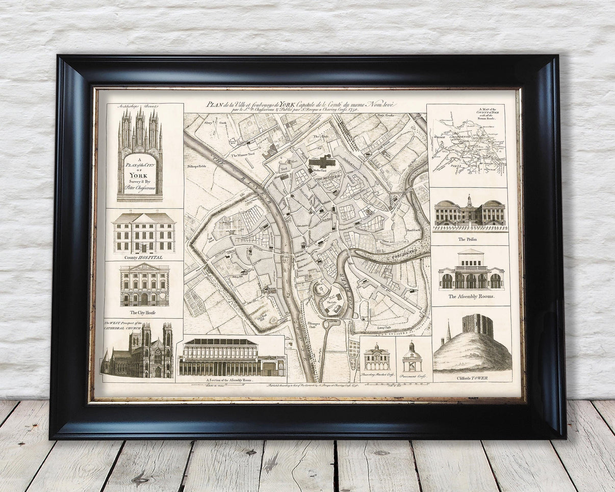 Rare Old YORK Map 1750 John Rocque - York Minster, Cliffords Tower ...