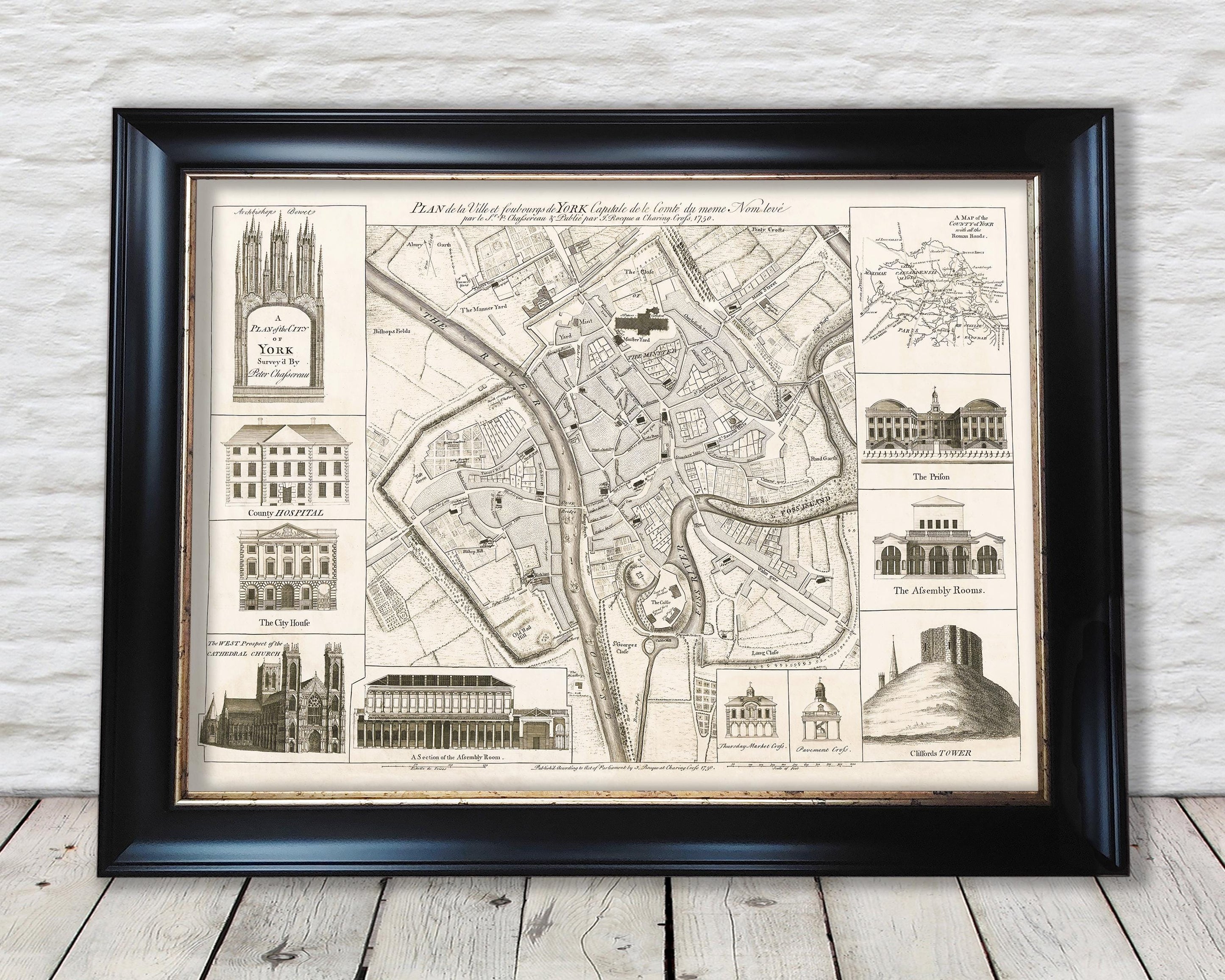 Rare Old YORK Map 1750 John Rocque - York Minster, Cliffords Tower ...
