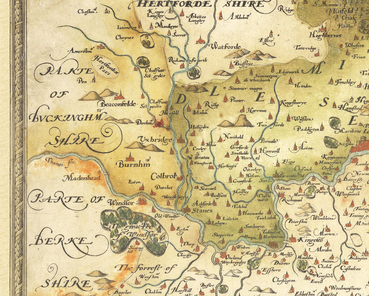 Old Map of Southeast England in 1575 - Kent Sussex Surrey Middlesex ...