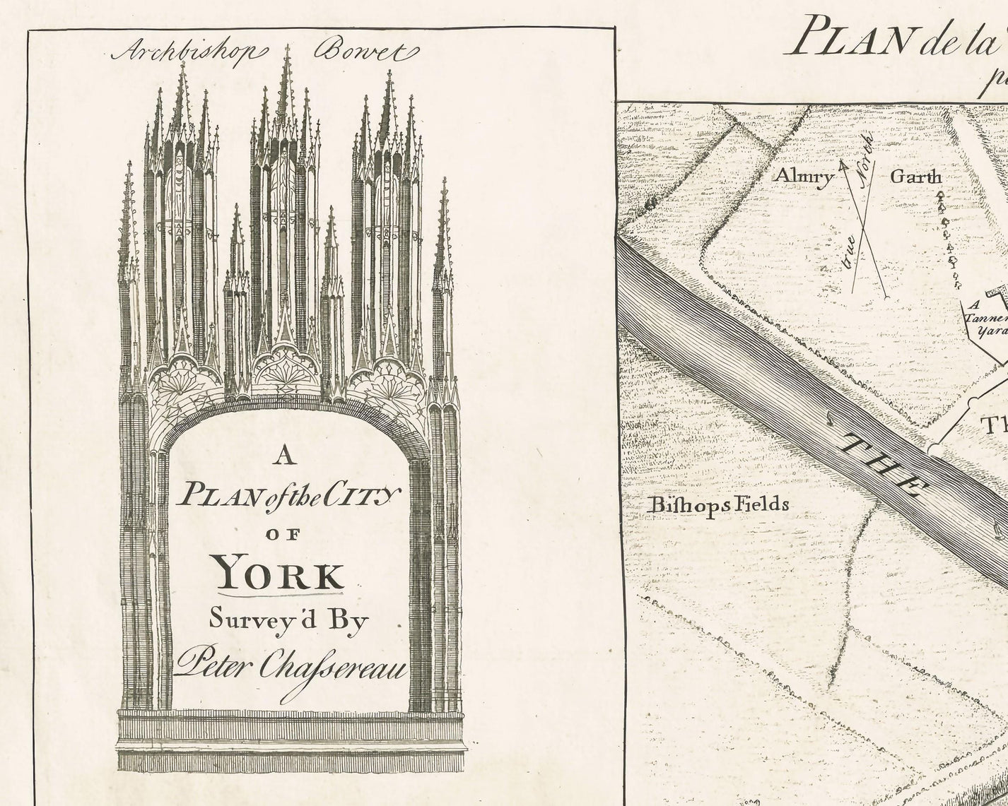 Rare Old YORK Map 1750 John Rocque - York Minster, Cliffords Tower ...