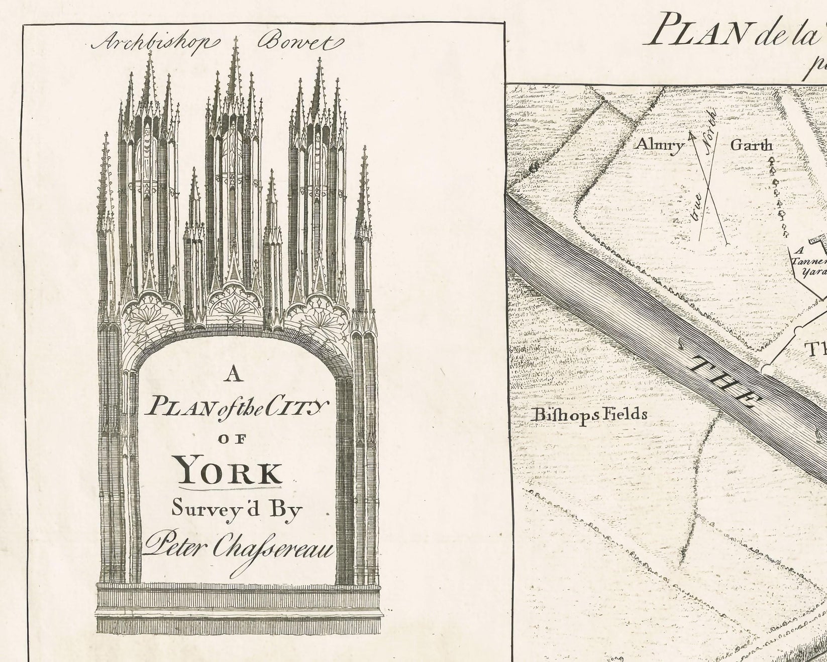 Rare Old YORK Map 1750 John Rocque - York Minster, Cliffords Tower ...