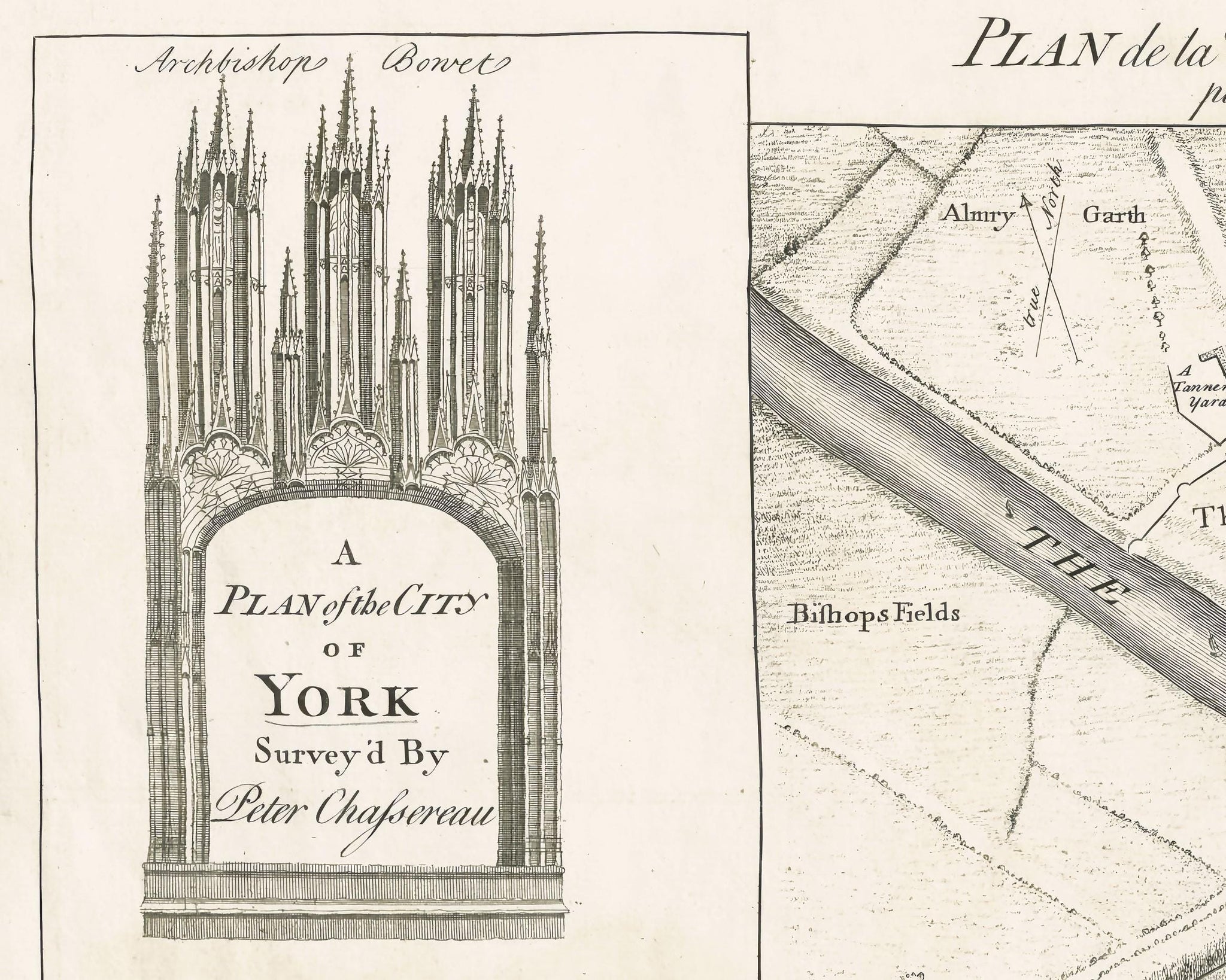 Rare Old YORK Map 1750 John Rocque - York Minster, Cliffords Tower ...