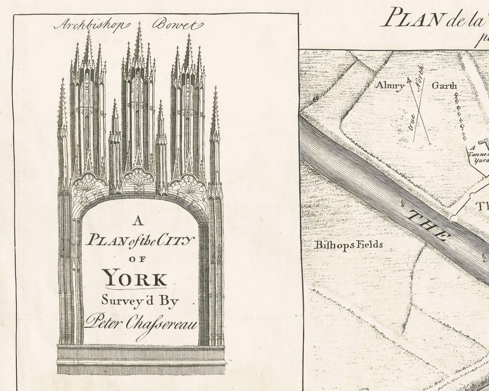Rare Old YORK Map 1750 John Rocque - York Minster, Cliffords Tower ...