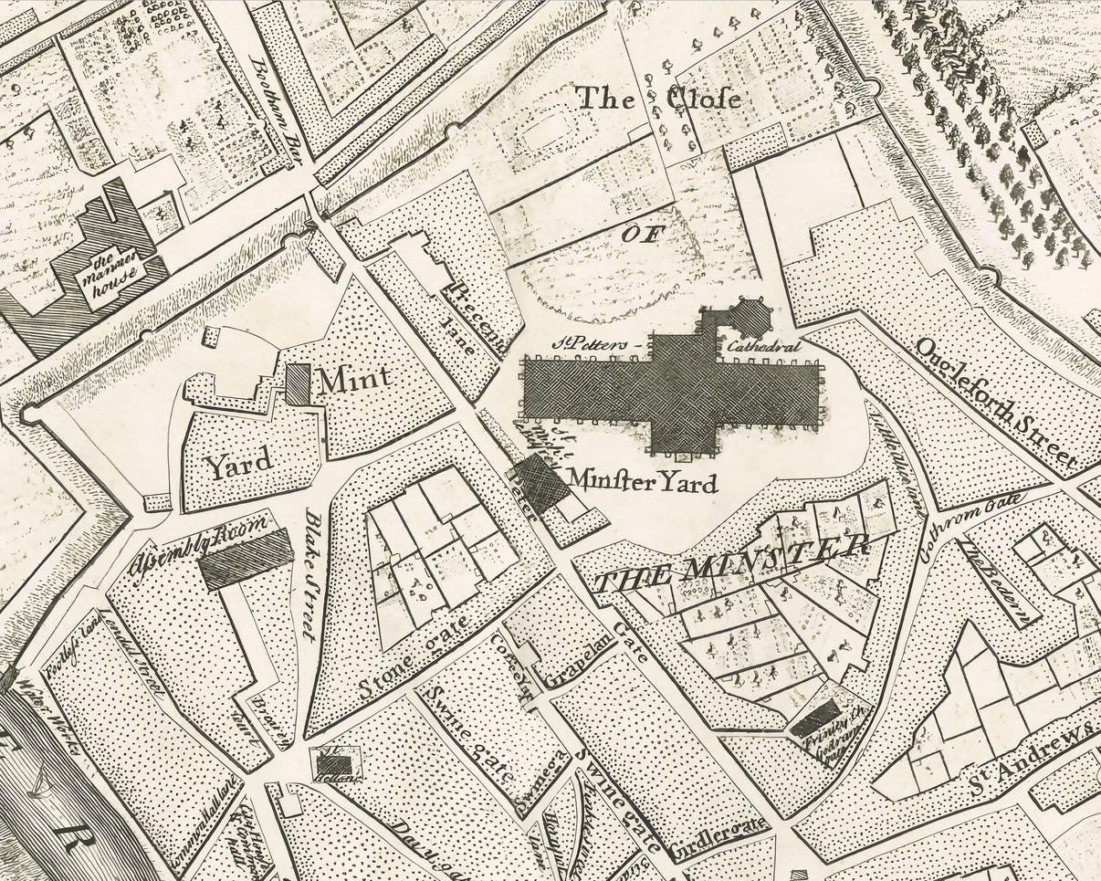 Rare Old YORK Map 1750 John Rocque - York Minster, Cliffords Tower ...