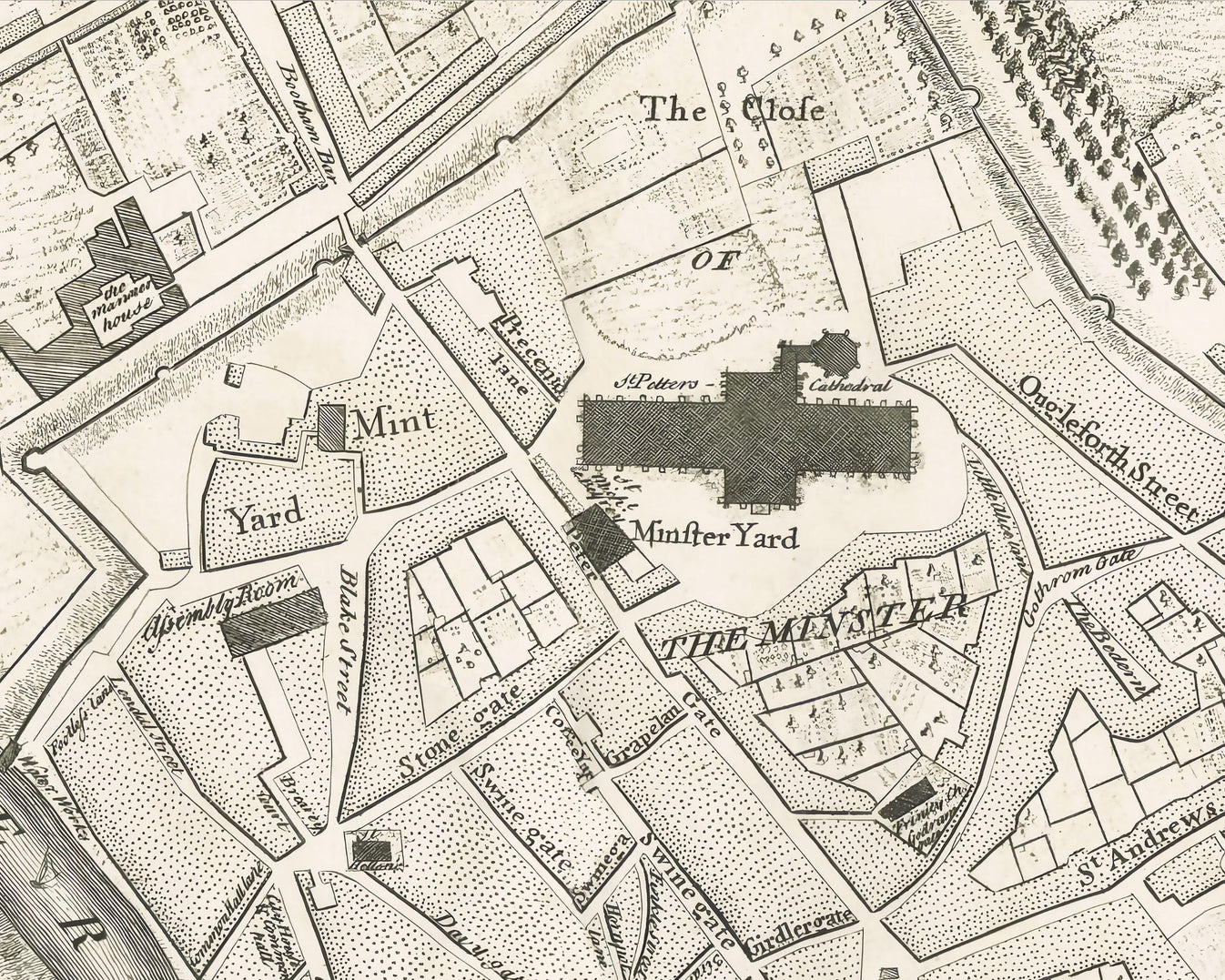 Rare Old YORK Map 1750 John Rocque - York Minster, Cliffords Tower ...