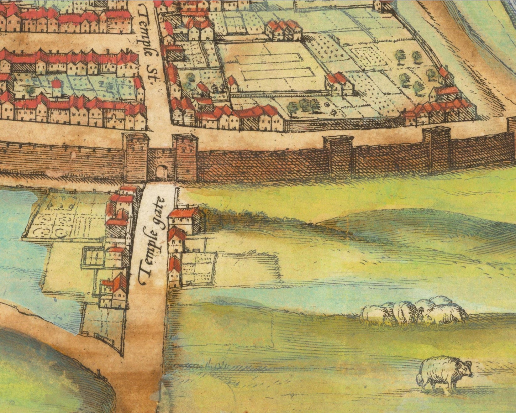 Old BRISTOL Map 1588 by Braun - Bristowe, Temple gate, St Mary Redclif ...