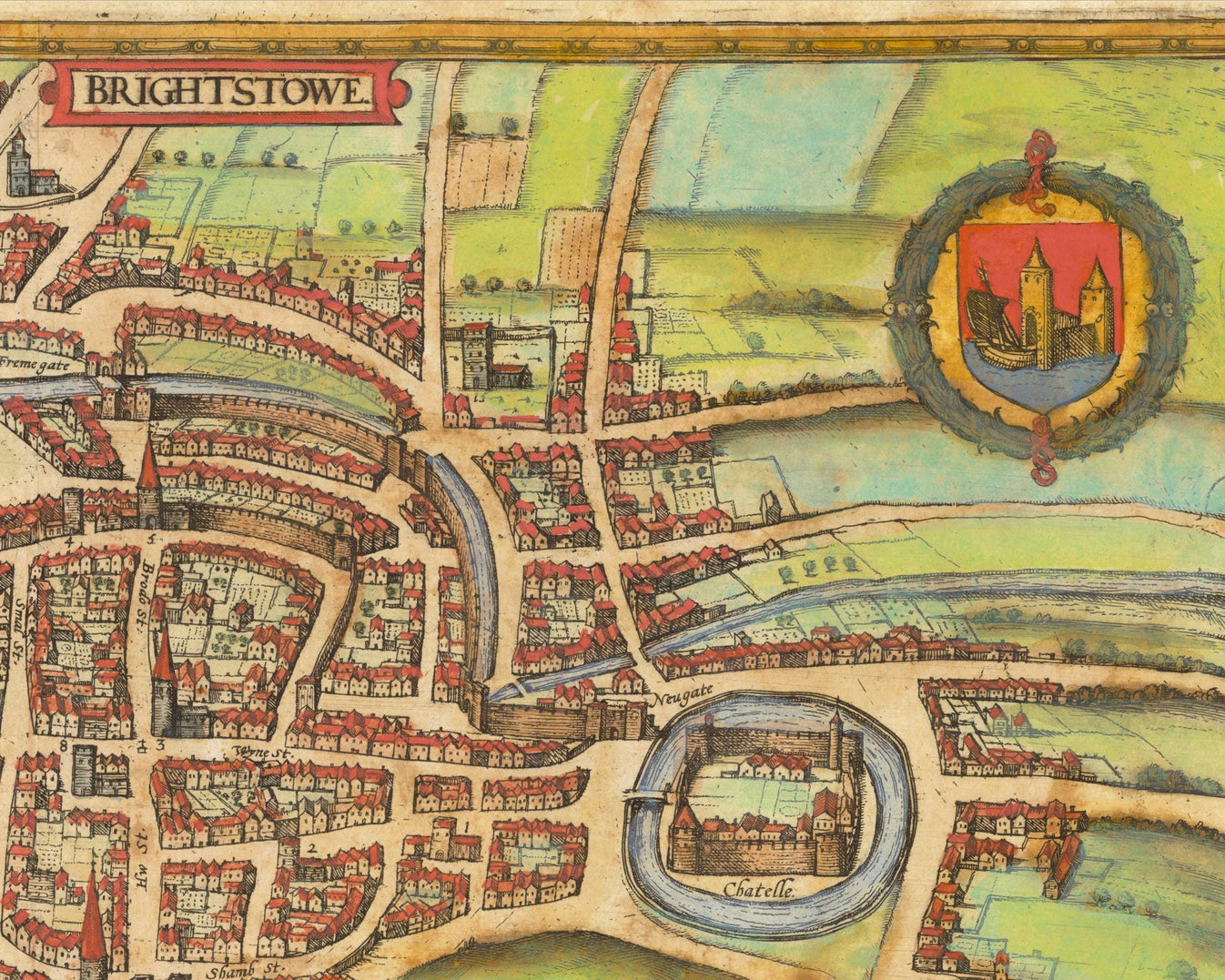 Old BRISTOL Map 1588 by Braun - Bristowe, Temple gate, St Mary Redclif ...