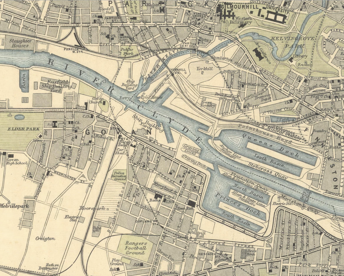 Extended Old GLASGOW Map 1912 by Bartholomew - Govan, Pollokshields ...
