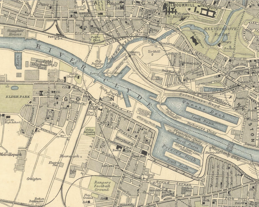 Extended Old GLASGOW Map 1912 by Bartholomew - Govan, Pollokshields ...